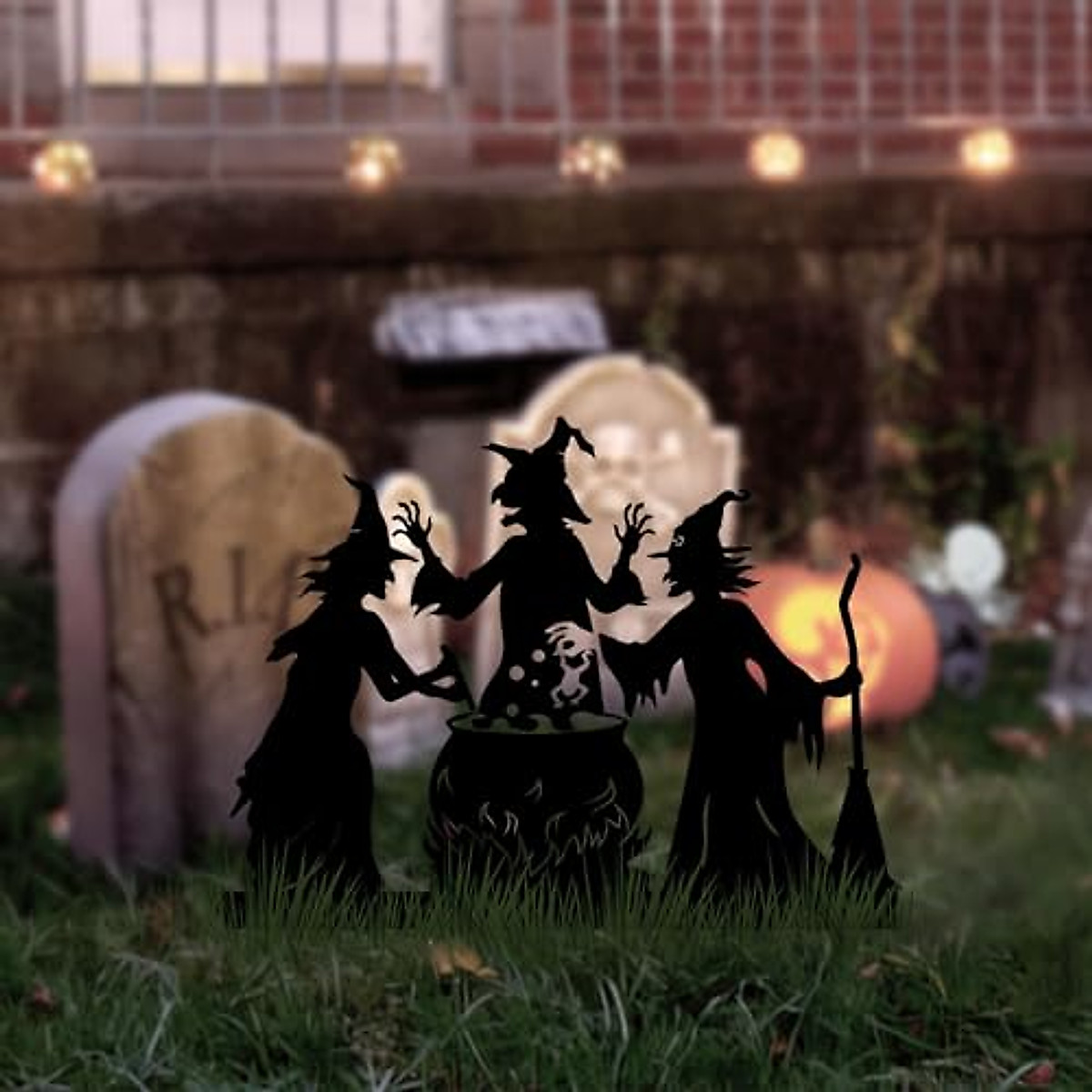 Halloween Witch Decorations Outdoor - 3pcs Witch Metal Yard Stakes, Witch Cauldron Sign Shadow Casters for Halloween Yard Garden Art Decor