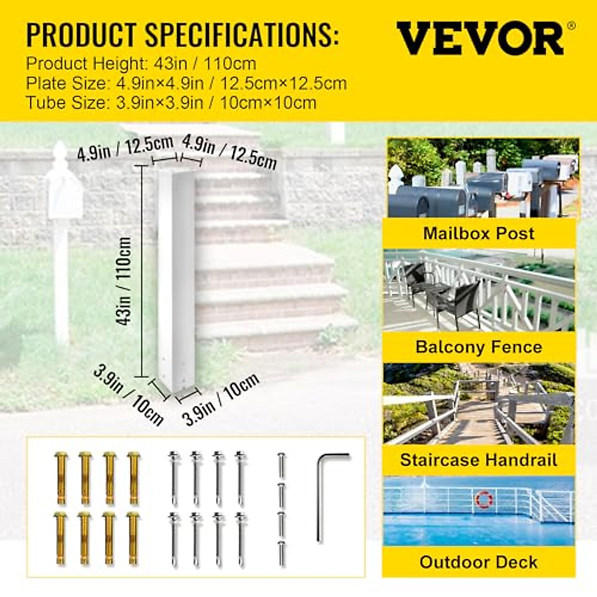VEVOR Mailbox Post, 43" High Mailbox Stand, White Powder-Coated Mail Box Post Kit, Q235 Steel Post Stand Surface Mount Post for Sidewalk and Street Curbside, Universal Mail Post for Outdoor Mailbox
