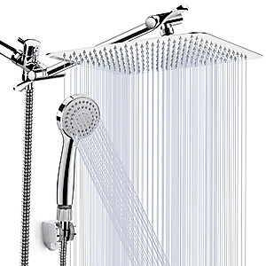 kaqinu Shower Head , 8 Inch High Pressure Rainfall Shower Head / Handheld Showerhead Combo with 11 Inch Extension Arm, Anti-leak Shower Head with Holder/ Hose, Flow Regulator, Chrome