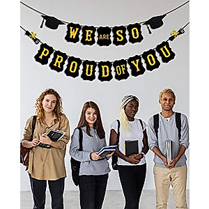 PTFNY We Are So Proud Of You Banner Black Gold Glittery Graduation Bunting Banner Garland with Graduation Cap and Diploma Signs for 2022 Graduation Party Decorations High School College Grad Party Supplies