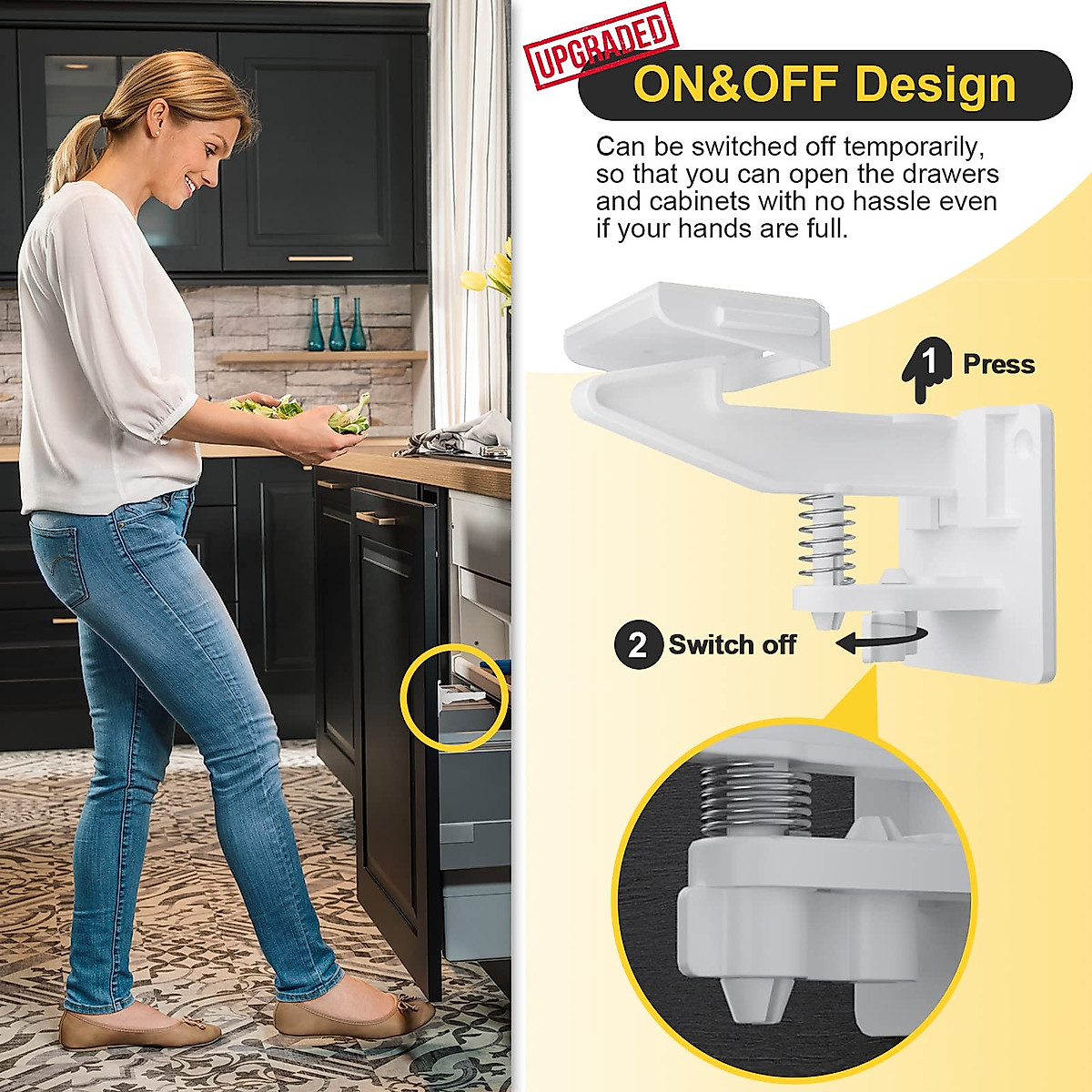 Child Proof Cabinet Locks,Upgraded Child Safety Cabinet Latches Invisible with Deactivated Mode, Enlarged 3M Tape, Extra Long Baby Safety Drawer latches, Universal Fit and No Drilling (10 Pack)