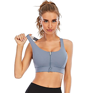 Cordaw Zipper in Front Sports Bra High Impact Strappy Back Support Workout Top, Blue Large