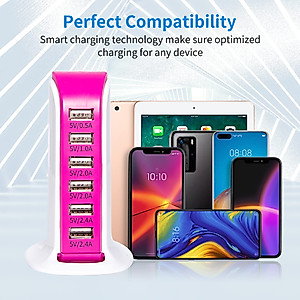 Wyssay 10A(50W) Universal USB Charger，6-Port Independent Desktop USB Charging Station，Multi Charger Block with 4 Ft Extension Cord, USB Fast Charger for Phone Ipad and More(Pink)