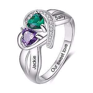 Lemefind Personalized Birthstone Rings Heart Shape Custom 2 Birthstones Names Engagement Promise Band Ring Birthday Mother's Day Gifts for Women (Copper, 6-9 Size)