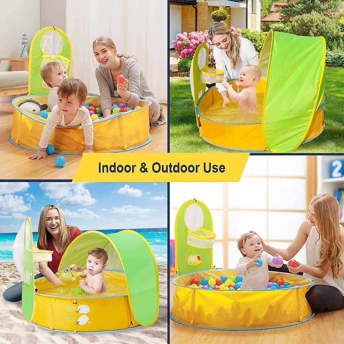 FBSPORT Ball Pit Tent for Kids, Baby Beach Tent Paddling Pool, Baby Play Pool Tent, 50+ UPF Protection Sun Shade with Basketball Hoop- Balls Not Included