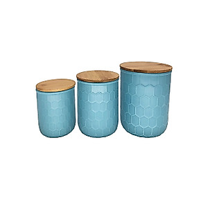 First of a Kind Kitchen Canisters - Blue Stoneware Canisters with Bamboo Lids, Set of 3 Storage Canister Container Set - Honeycomb Design, Ceramic Food Canister Jars for Tea, Sugar & Flour Storage