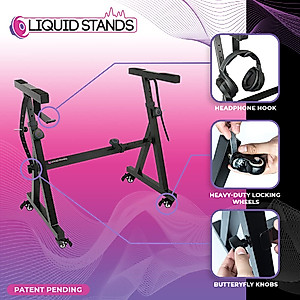 Liquid Stands Keyboard Stand w/ Wheels - Black Z Style Adjustable & Portable Professional Heavy Duty Digital Piano Stand - Fits 54-88 Key Electric Pianos - Sturdy Rolling Musical Keyboard Stand