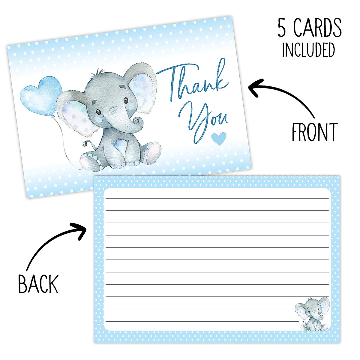 Your Main Event Prints 50 Elephant Baby Shower Thank You Cards - Boy Baby, Mama Baby Shower Favor and Games - 6 Different Designs Included - 25 Blank and 25 Pre-Written Thank You Cards