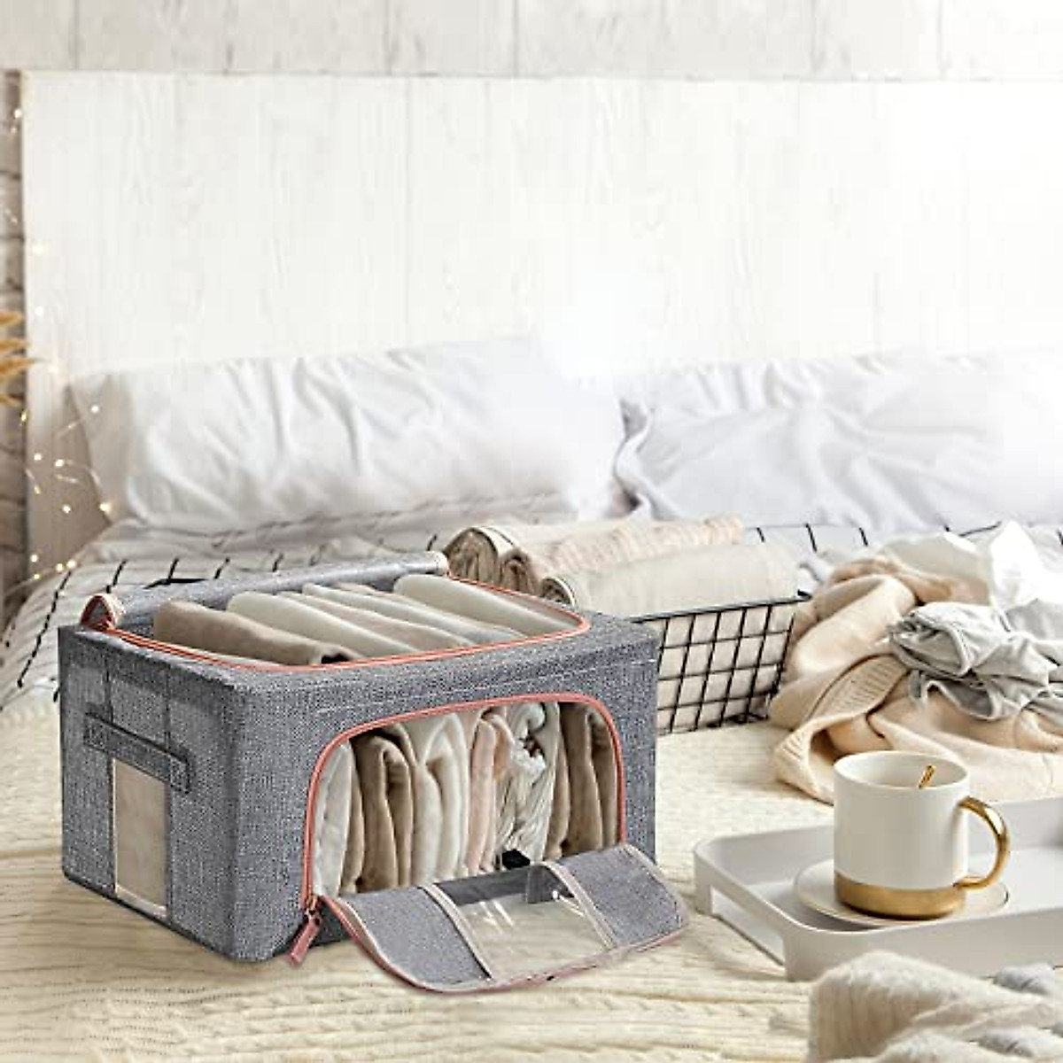 3 Pack Steel Frame Storage Box, Stackable and Foldable Clothes Storage Bins with Reinforced Handle and Clear Window, Cotton Linen Storage bag Perfect for Clothing Toys Sheets Blankets 24L