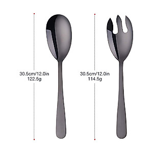Mingcheng 12 Inches Stainless Steel Salad Server Sets with Salad Spoon and Fork, Cooking Utensils for Kitchen, Simple and Classic Dishwasher Safe(Black)