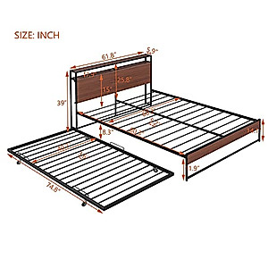 SOFTSEA Queen Size Metal Platform Bed Frame with Trundle, Metal Bed Frame with USB Ports, Queen Trundle Bed with Storage Headboard Metal Panel Bed with Shelf for Bedroom Guestroom, Black