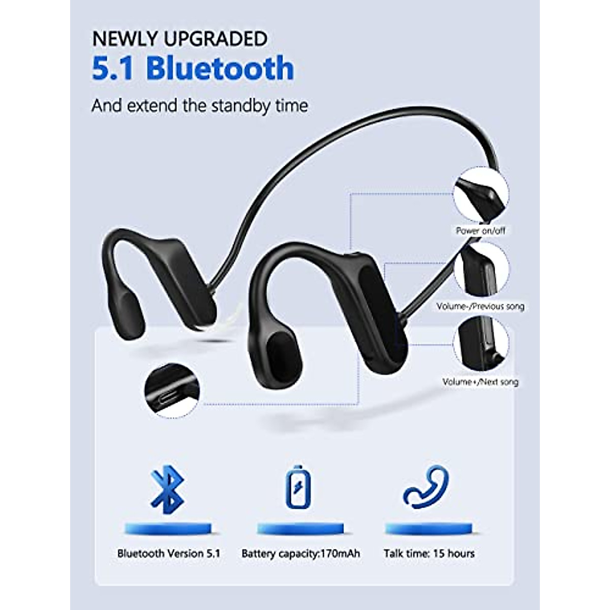 Bone Conduction Headphones -Wireless Bluetooth Headphones- Open Ear Earphone- Sports Bluetooth Headset - Sweatproof for Running and Workouts