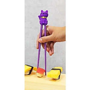 Ebros Gift Reusable Training Chopsticks Set With Animated Food Safe Silicone Helper Hinge Guide For Sushi Noodles Rice Dining Fun For Adults And Kids (Purple Maneki Neko Cat)