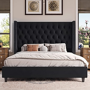 Jocisland Queen Bed Frame Wingback Headboard Upholstered Bed Velvet Tufted Deep Button/No Box Spring Needed/Easy Assembly/Black