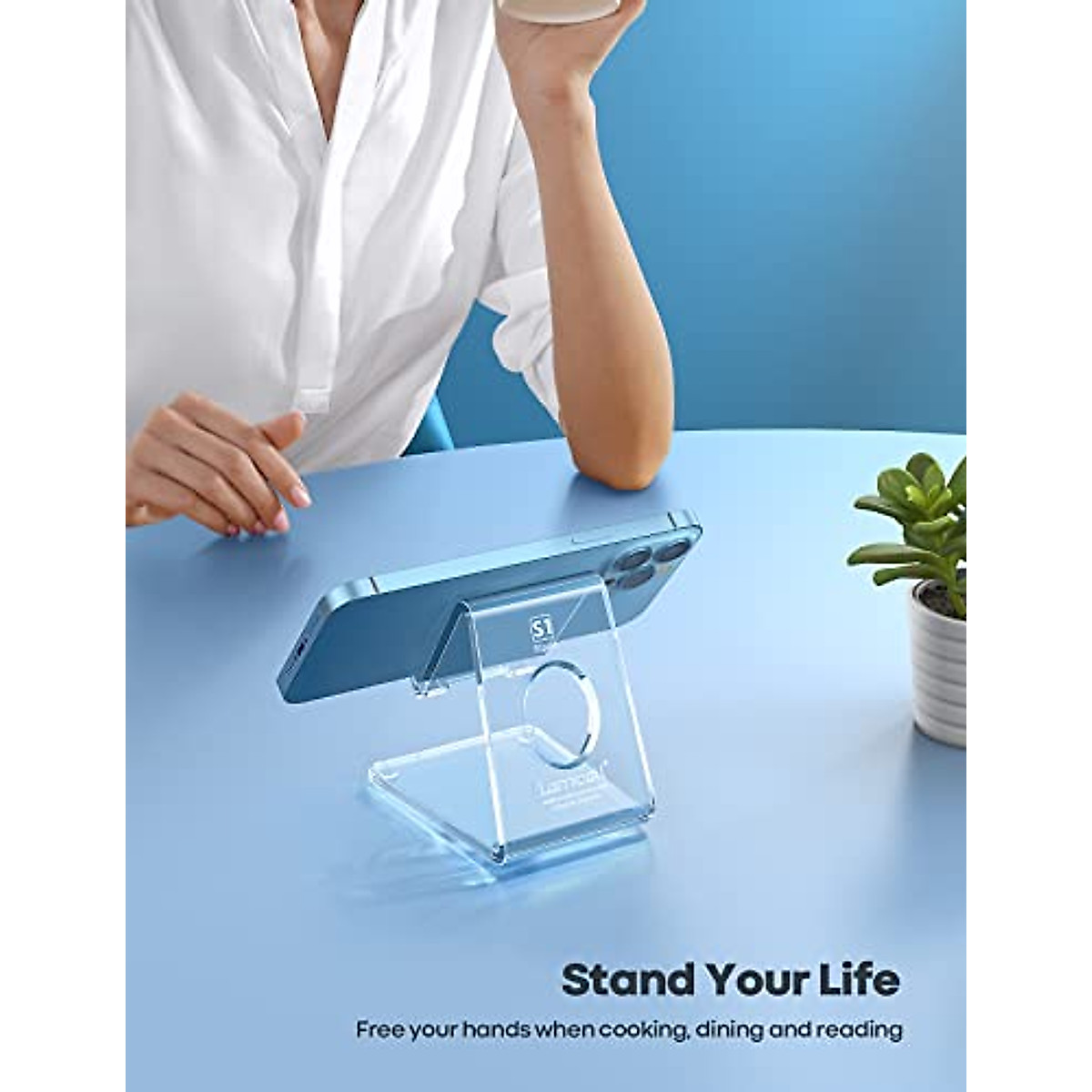 Lamicall Acrylic Phone Stand Desk Accessories - Clear Office Cell Phone Holder, Transparent Phone Stand for Desk, Desktop, Office Desk Accessories, Suitable for iPhone Accessories, 4-8'' Phone