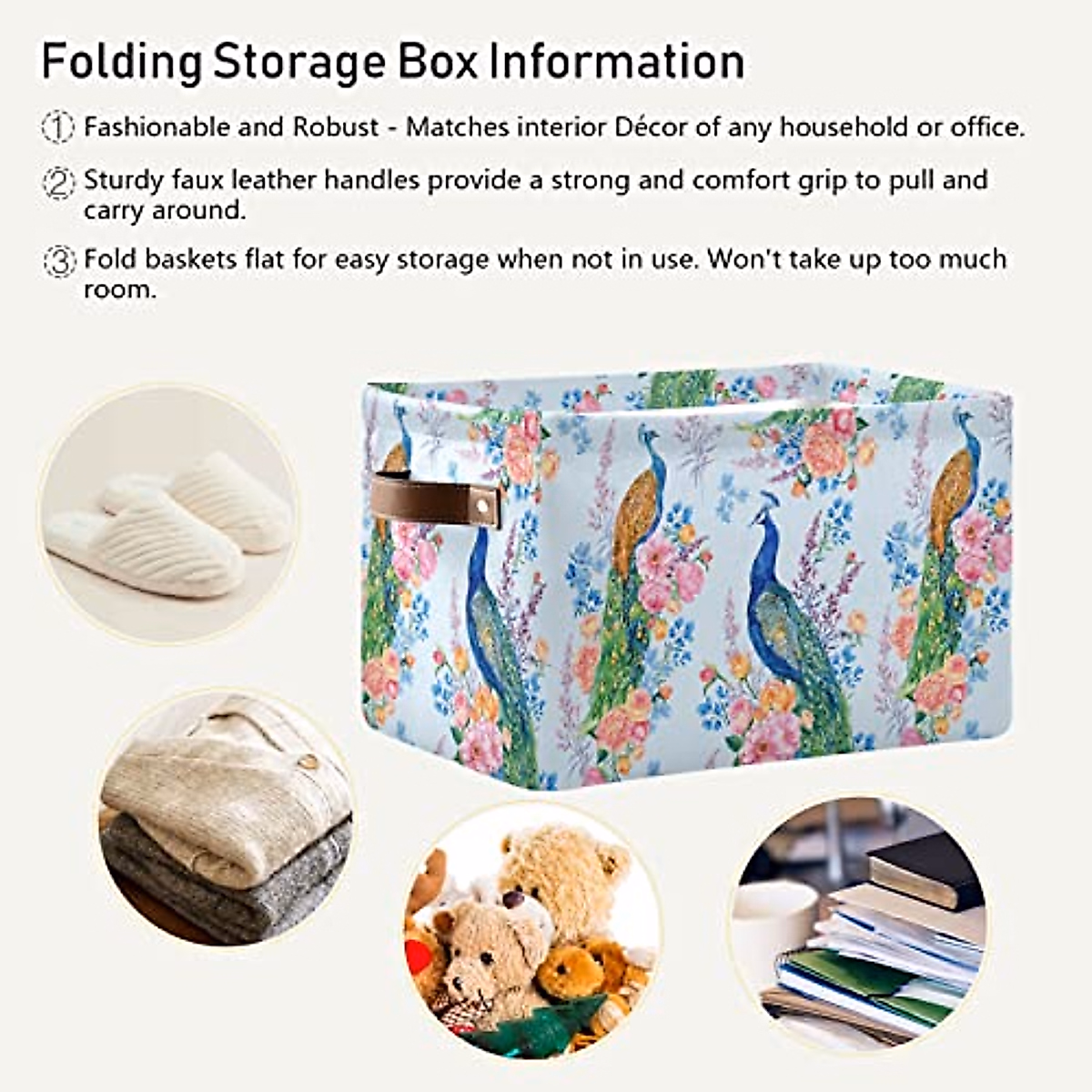 Large Storage Basket Peacock Tropical Animal Cube Storage Bin Canvas Fabric Organizer Handles Collapsible Decorative Bedroom