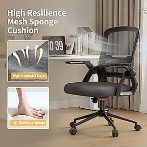 naspaluro Office Computer Desk Chair Ergonomic Mesh Flip-Up Arms Comfy Chair with Mid Back Cushion Lumbar Support Adjustable Height Tilt Swivel Chair for Home Bedroom Study Working, Black