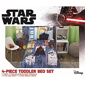 Disney Star Wars Galaxies Await 4 Piece Toddler Bedding Set Fitted Sheet, Pillow Case, Top Sheet, and Comforter Quilt - Blue