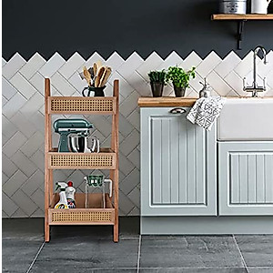 ZYBT Ladder Bookshelf, 3-Tier Rattan Bookshelf, Free Standing Bookcase, Blanket Ladder, Wood Organizer Storage Shelves for Living Room Bedroom Kitchen Bathroom Balcony and Home Office