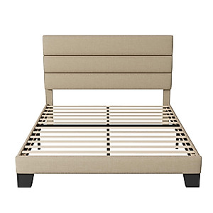 WEEWAY Queen Bed Frame Platform Bed with Linen Fabric Upholstered Headboard and Wooden Slats Support, Heavy Duty Mattress Foundation, No Box Spring Needed, Easy Assembly, Beige
