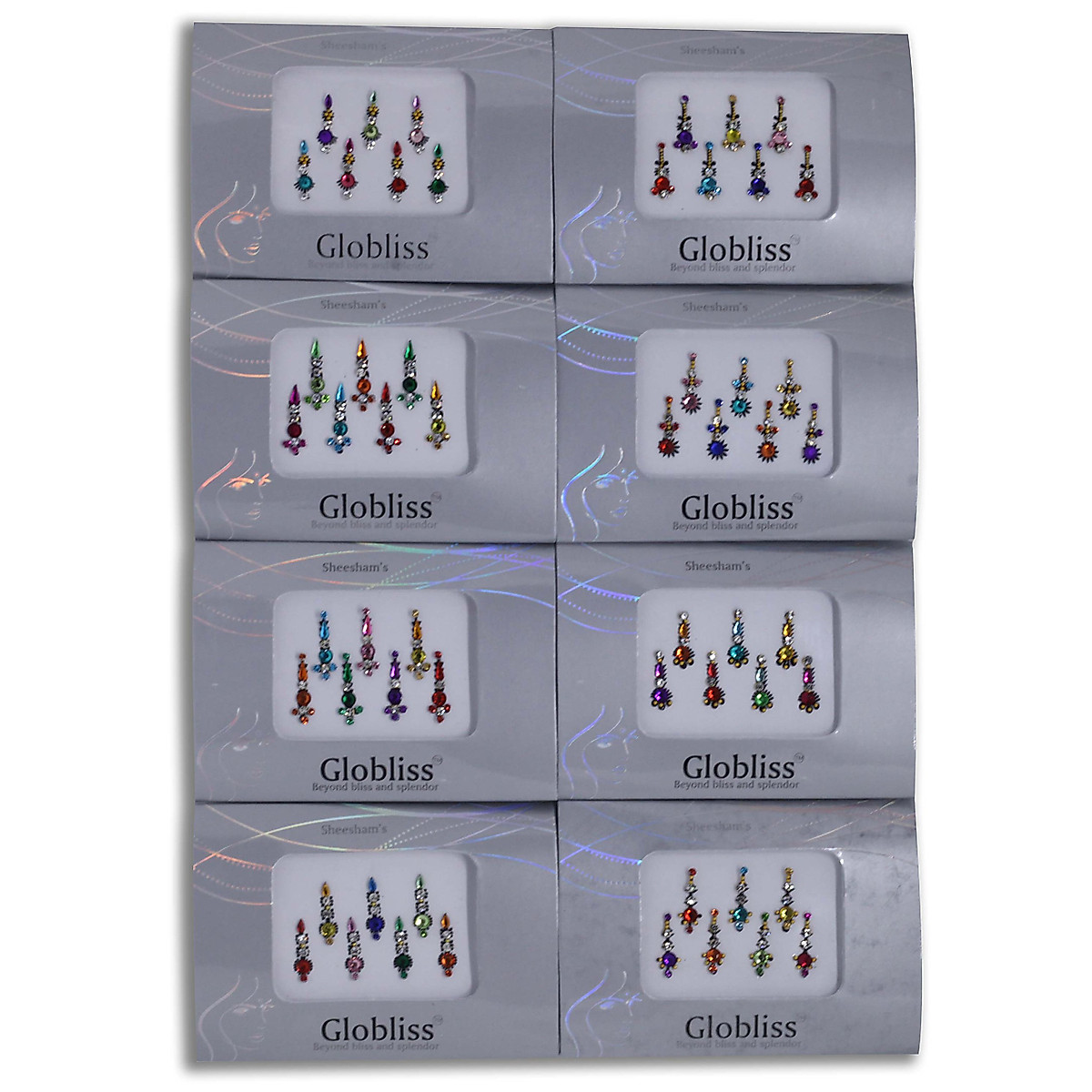 Globliss 6 Packs with 42 Long Indian Bindis face Gems Forehead Sticker Silver Golden Colorful