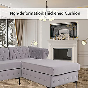 NOSGA Large Sofa,Velvet Sectional Sofa with Chaise Lounge, Modern Seater Couch Furniture, seat Sofa Classic Tufted Chesterfield Settee Sofa Tufted Back for Living Room (Grey)