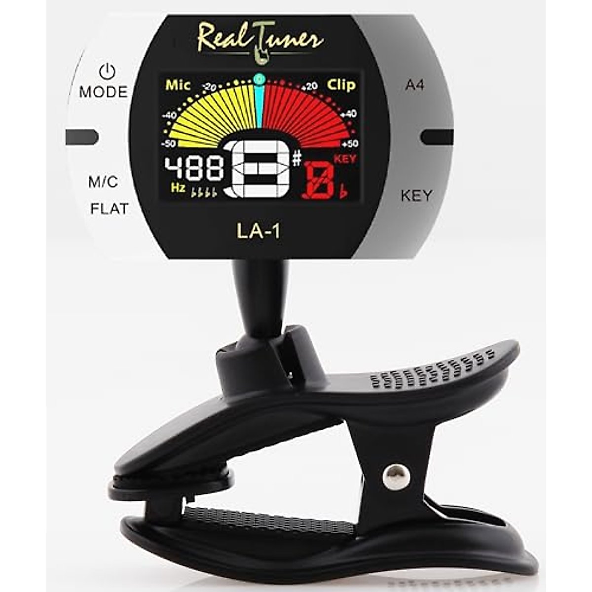Real Tuner - Chromatic Clip-on Tuner for Guitar, Bass, Violin, Ukulele, Banjo, Brass and Woodwind Instruments - Bright Full Color Display - Extra Mic Function - A4 Pitch Calibration - Transposition