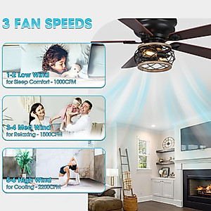 Parrot Uncle Low Profile Ceiling Fans with Lights and Remote, 48 Inch Black Ceiling Fan with Light Flush Mount Farmhouse Rustic Hugger Fan for Bedroom, Reverse Airflow, Timer, FREE Replacement