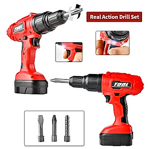 Toy Choi's Toy Drill for Kids - Electric Kid Drill Set Pretend Play Tool with Realistic Sound & Action, Construction Toy Tools for Kids Ages 3-5 with Toddler Drill Screw Set (Red)
