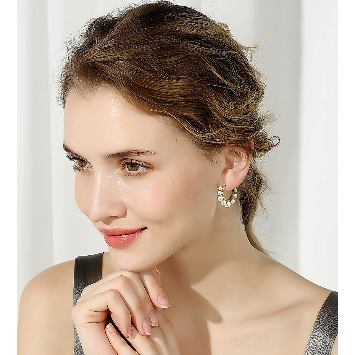 Pearl Gold Hoop Earrings for Women, 14K Plated Gold Hoop Earrings Lightweight Faux Pearl Earrings Dainty Beaded Hoops for Girls