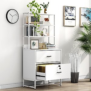 Jehiatek File Cabinets for Home Office with Lock 2 Drawer, Large Vertical Filing Cabinet with Bookshelf, Sturdy, Durable, Easy to Assemble and Clean (White), 25.59'D x 15.75'W x 62'H