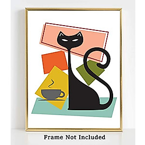 Mid Century Modern Atomic Cat & Coffee Cup Wall Art Print - 11x14 Unframed Abstract Decor. Shades of Mustard Yellow, Black, Moss Green, Pink, Orange & Aqua on White. Print No.16