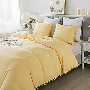 Caressma Pom Pom Fringe Boho Duvet Cover Set Queen Size, Soft Washed Microfiber 3pcs Bedding Duvet Cover, All Season Yellow Comforter Cover Set with Zipper Closure (1 Duvet Cover+2 Pillowcases)