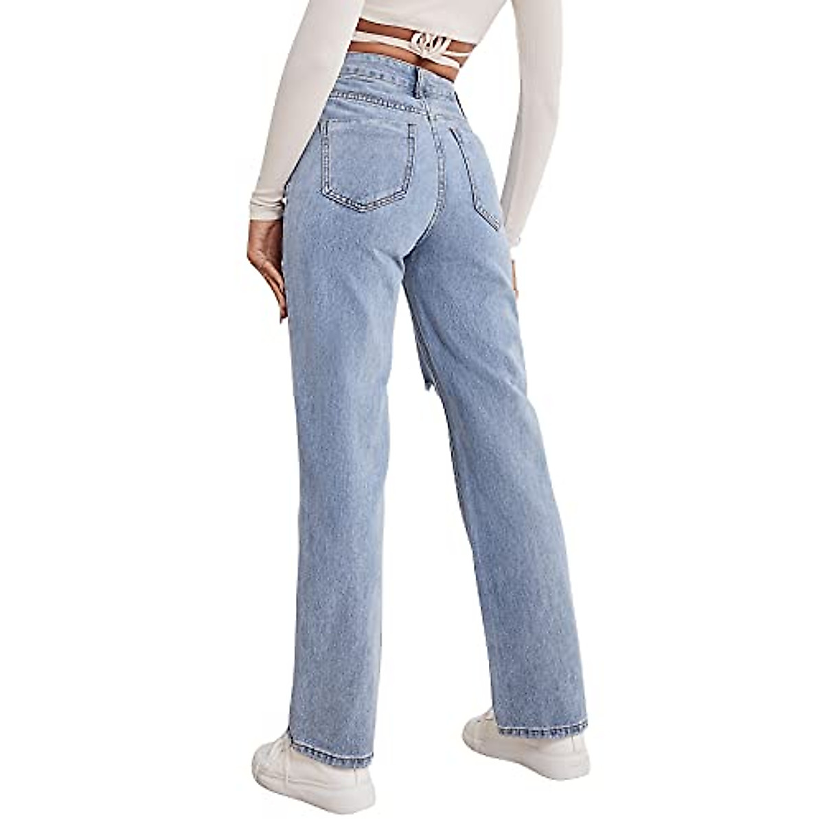 SweatyRocks Women's High Waist Straight Leg Jeans Ripped Distressed Denim Pants Light Blue S