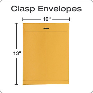 Quality Park 10 x 13 Clasp Envelopes, Gummed, Moisture-Activated Adhesive for Permanent Secure Seal, 28 lb Paper, Brown Kraft, 100/Box (QUA37897)