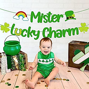 Mister Lucky Charm Banner St. Patrick Day Decoration for Boys Glitter Green Three Leaf Clover Shamrock Garland for Irish Day Party Decor Lucky Themed Men Boys Birthday Baby Shower Party Anniversary Celebration Supplies