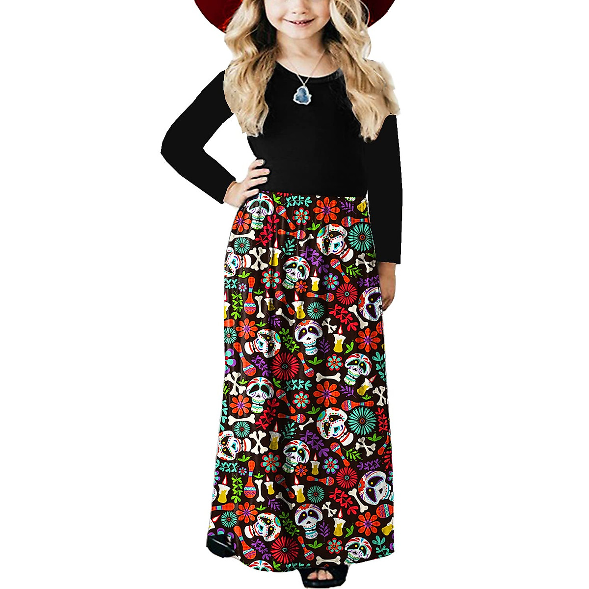 Girl's Halloween Dresses Sugar Skull Day of The Dead Skeleton Cosplay Maxi Dress 11-12 Years