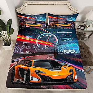 Feelyou Race Car Bedding Sheets Boys Extreme Sports Sheet Set for Kids Boys Cool Car Bedding Fitted Sheet Car Sports Bed Sheets 1 Sheet Set with 2 Pillowcases Full Size