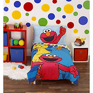 Sesame Street Best Friends Blue, Red, Yellow 4 Piece Toddler Bed Set - Comforter, Fitted Bottom Sheet, Flat Top Sheet, Reversible Pillowcase