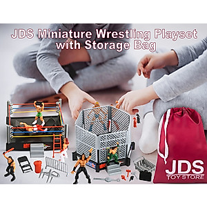 JDS Toy Store 32-Piece Mini Wrestling Playset with Action Figures and Accessories - Kids Toy with Realistic Wrestlers - 2 Rings Included