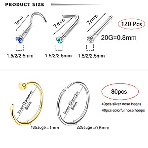 FIBO STEEL 200 Pcs Nose Ring Studs Set For Women Men 316L Stainless Steel Hoops L Shaped Screw Bone Piercing Jewelry 20G 22G 1.5mm 2mm 2.5mm