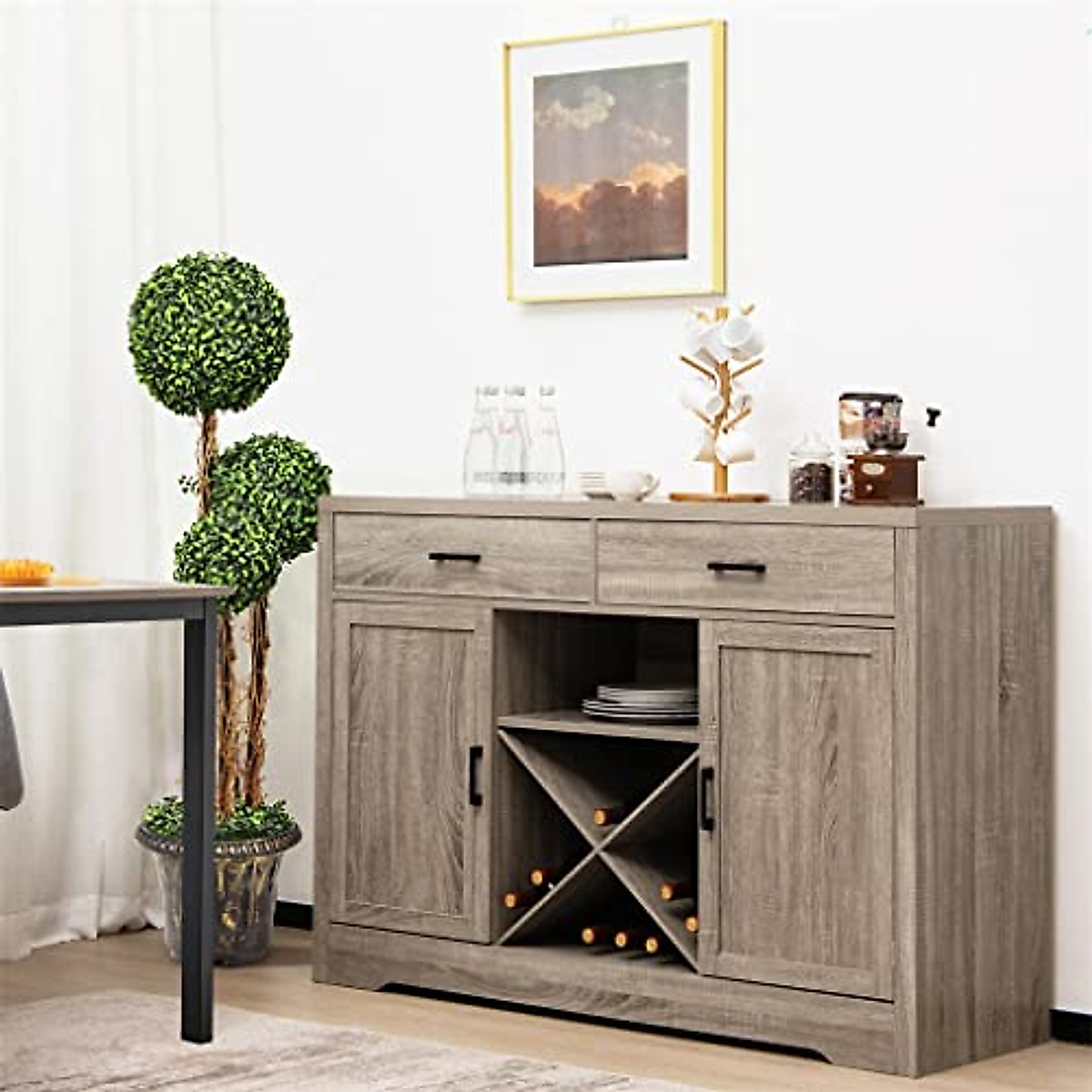 SEASD Kitchen Storage Buffet Farmhouse Wooden Sideboard with 2 Drawers and Wine Rack
