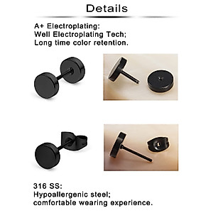 Ftovosyo 12 Pairs Black Stud Earrings for Men Stainless Steel Round Disc Faux Gauges Ear Studs for Women 3mm-8mm
