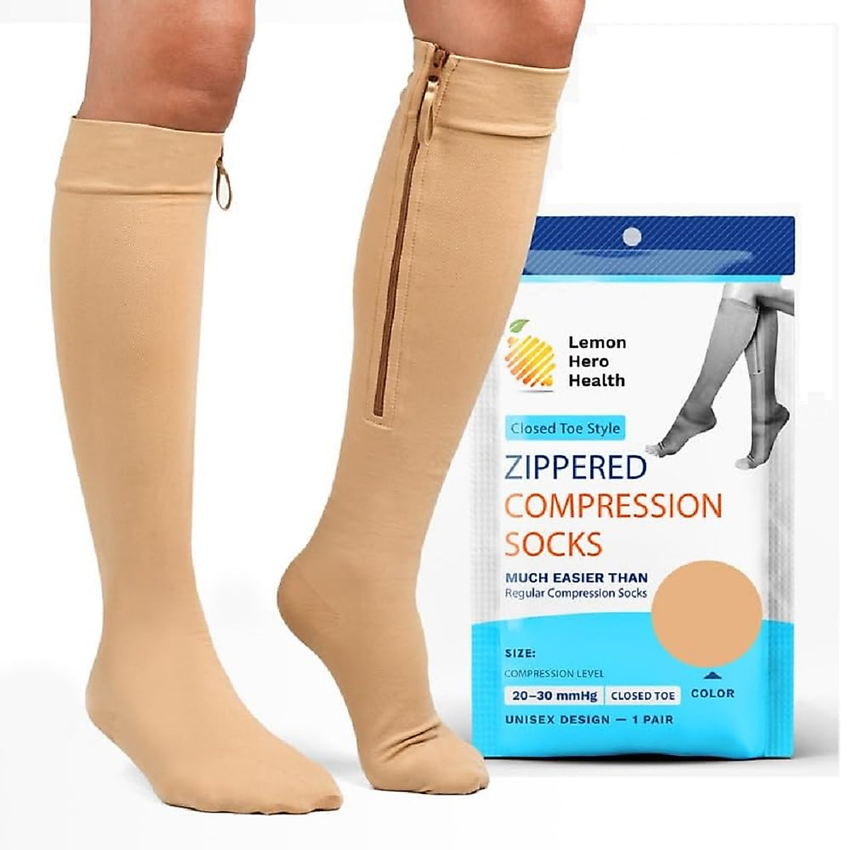 Zipper Compression Socks for Women and Men Closed Toe 20-30 mmhg Medical Zippered Compression Socks with Zip Guard for Skin Protection - Large, Beige