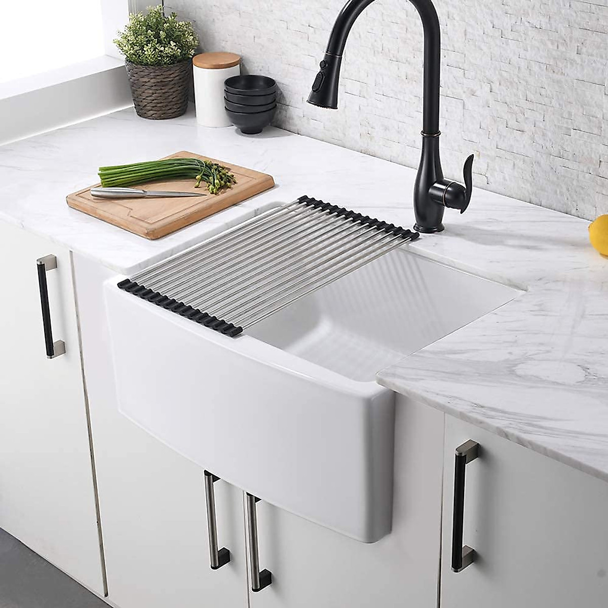 Hovheir 24 Inch Fireclay Farmhouse Kitchen Sink, 24 Laundry Sink White Fireclay Kitchen Sink Apron Sink with Accessories Farm Sink Single Bowl Kitchen Sink