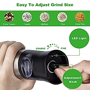Qoosea Gravity Salt and Pepper Grinder Set, 2 Pack Electric Pepper Grinder Set with LED Light, Stainless Steel Automatic Pepper Grinder Mill Battery Powered, Adjustable Coarseness, One Hand Operated