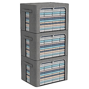 3Pack Foldable Storage Bins - Frame Storage Box Linen Fabric Stackable Clothes Container Organizer with Clear Window & Carry Handles Large Capacity (Large-66L, Dark Gray)