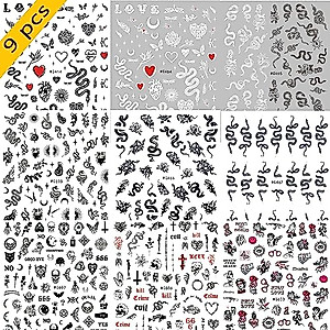 YOSOMK 9 Sheets Halloween Nail Art Stickers Decals Gothic Snake Skeleton Nail Decals 3D Self-Adhesive Nail Art Supplies Letter Heart Sun Moon Design Nail Accessories for Women Manicure Decorations.…