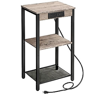 HOOBRO Tall End Table with Charging Station and USB Ports, 3-Tier Telephone Table, Small Entryway Table, Narrow Nightstand for Small Space in Living Room, Bedroom, Hallway, Rustic Brown BG09UDH01