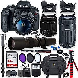Canon EOS Rebel T7 DSLR Camera with 18-55mm is II Lens Bundle + Canon EF-S 55-250mm STM Lens and 500mm Preset Lens + 32GB Memory + Filters + Monopod + Spider Flex Tripod + Professional Bundle
